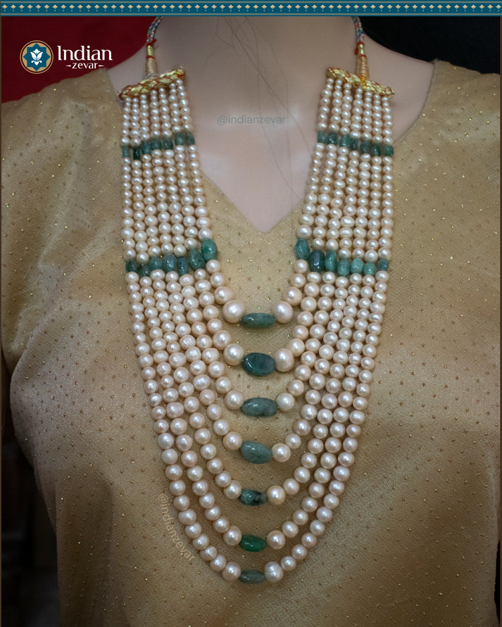 7 Strand Pearl & Emerald Sathlada Necklace | Freshwater Pearls ...